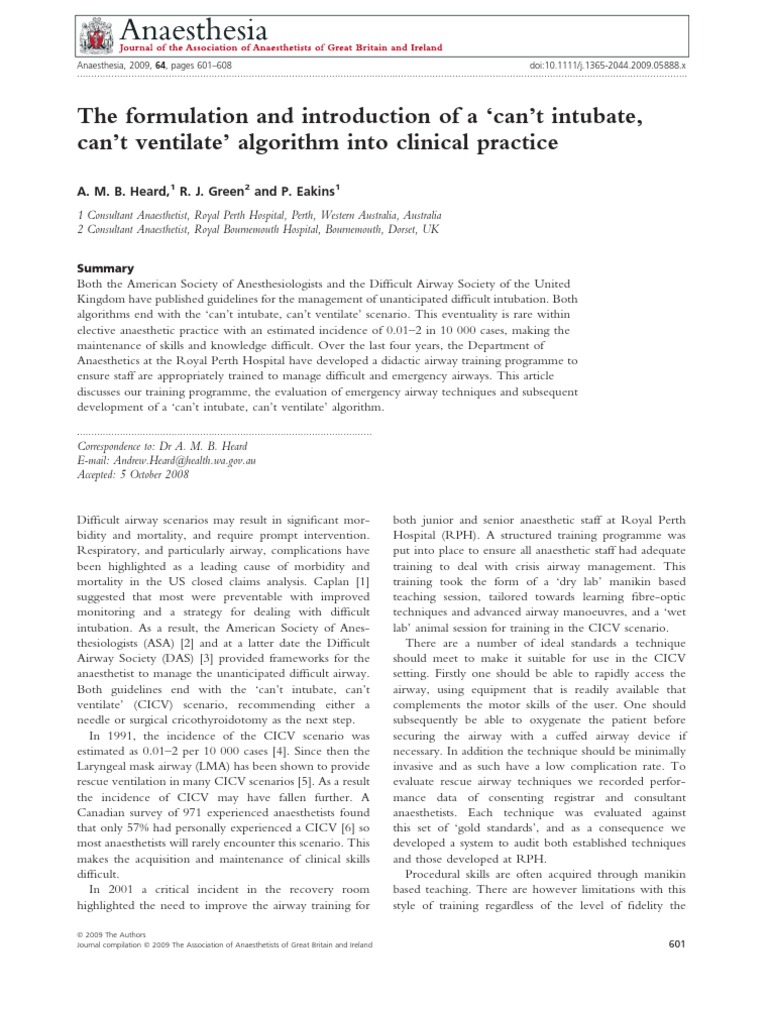 Algorithm For Cant Intubate Cant Ventilate | PDF | Breathing | Medicine