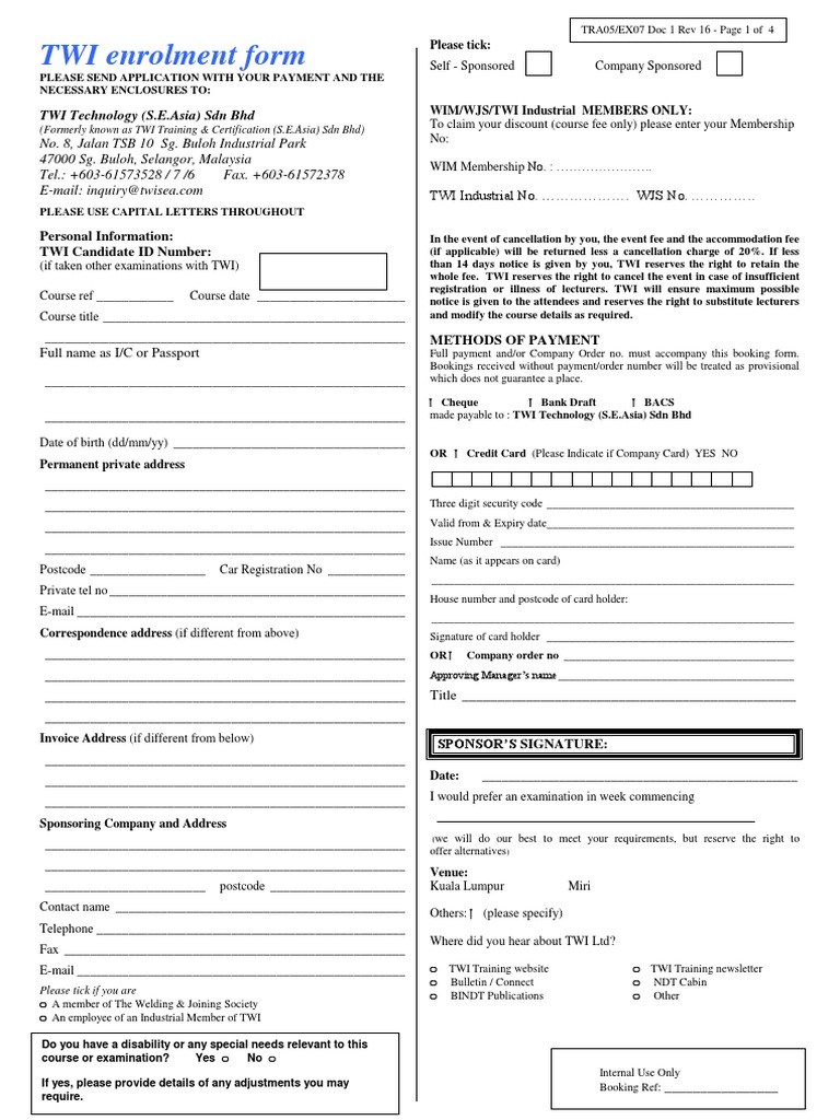 Enrolment Form Sea TWI CSWIP PROGRAM | Download Free PDF ...