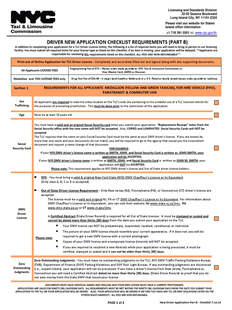 NYC TLC New Driver Checklist Partb | Taxicab | Department Of Motor Vehicles