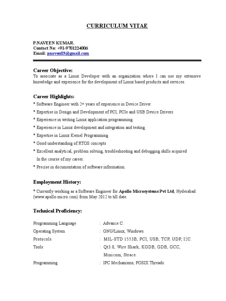 Curriculum Vitae: Career Objective | Download Free PDF | Software Development | Linux