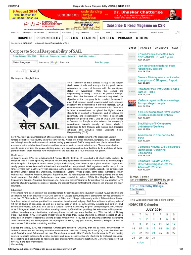 Corporate Social Responsibility of SAIL - INDIA CSR | PDF | Corporate ...