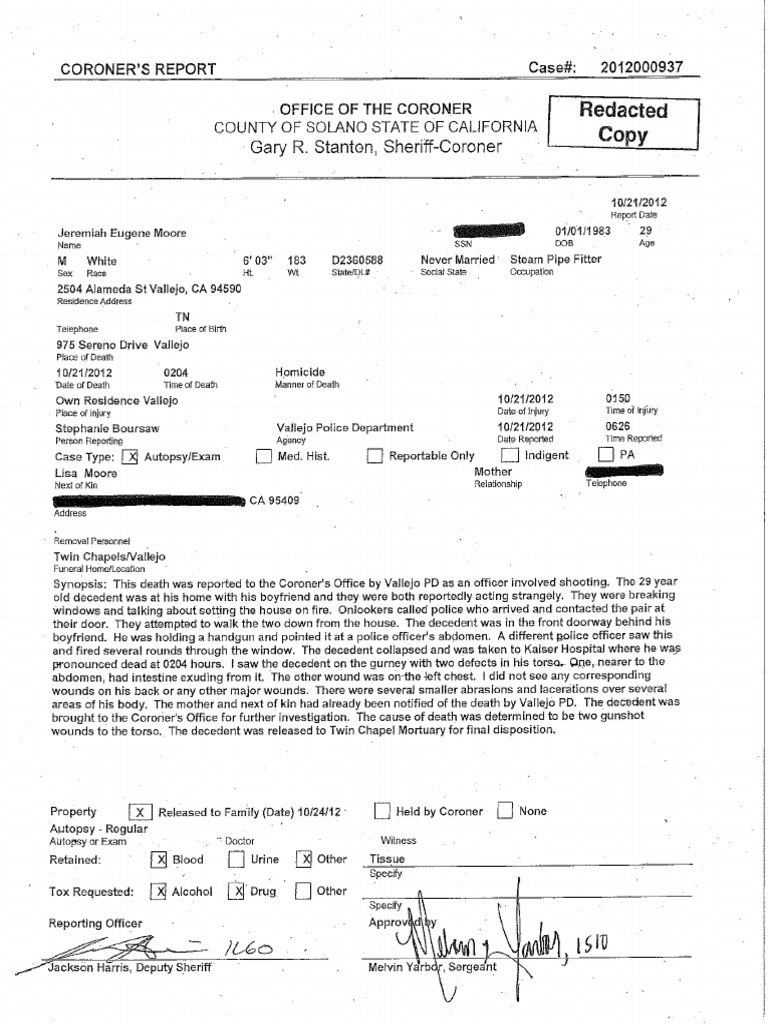 Jeremiah Moore Coroner Report | PDF