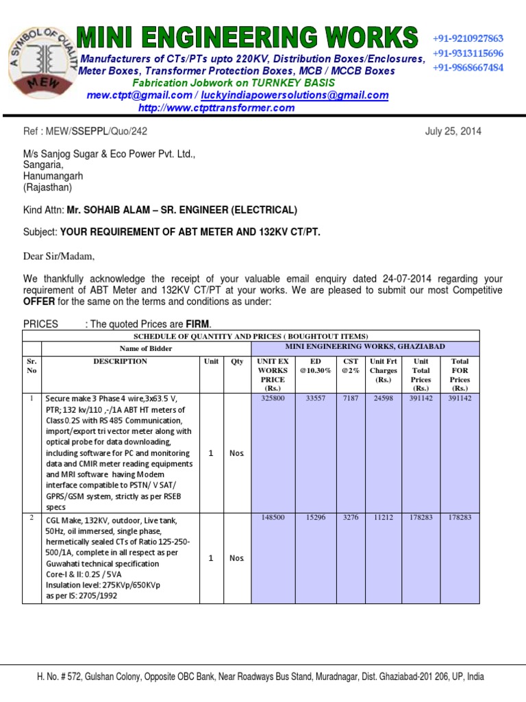 Quotation ABT Meter 132KV CTs PTs | PDF | Electrical Substation | Invoice