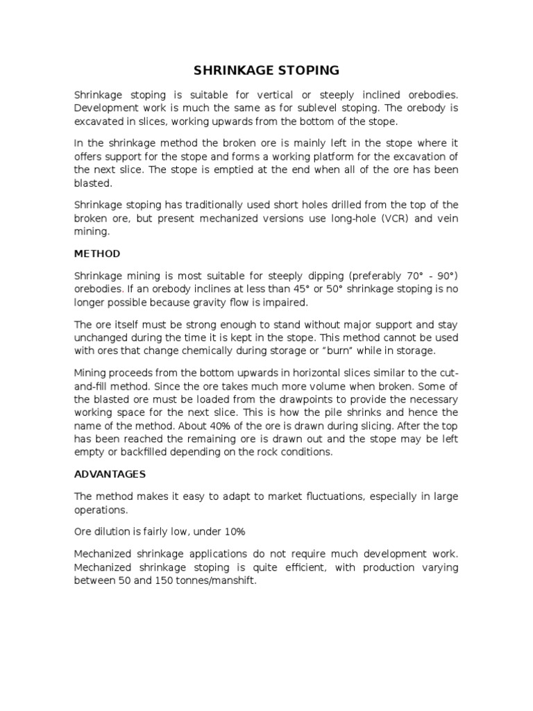 Shrinkage Stoping: Method | Download Free PDF | Tunnel | Industries