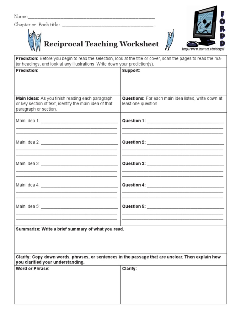 Reciprocal Teaching Worksheet Template | PDF