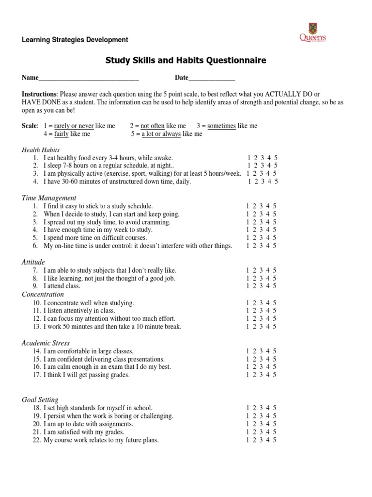 Study Skills and Habits Questionaire | PDF | Study Skills | Test ...