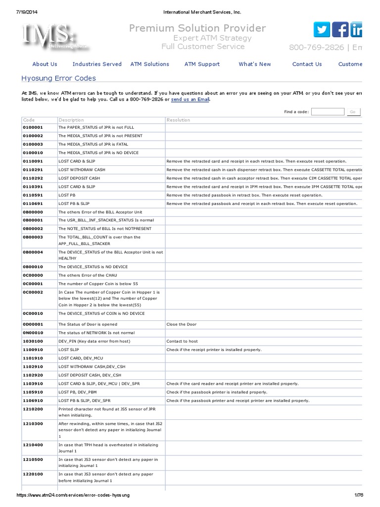 Error Codes | PDF | Automated Teller Machine | Printer (Computing)