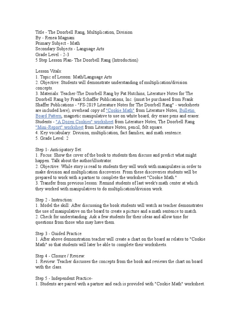 The Doorbell Rang: Division Lesson Plan | PDF