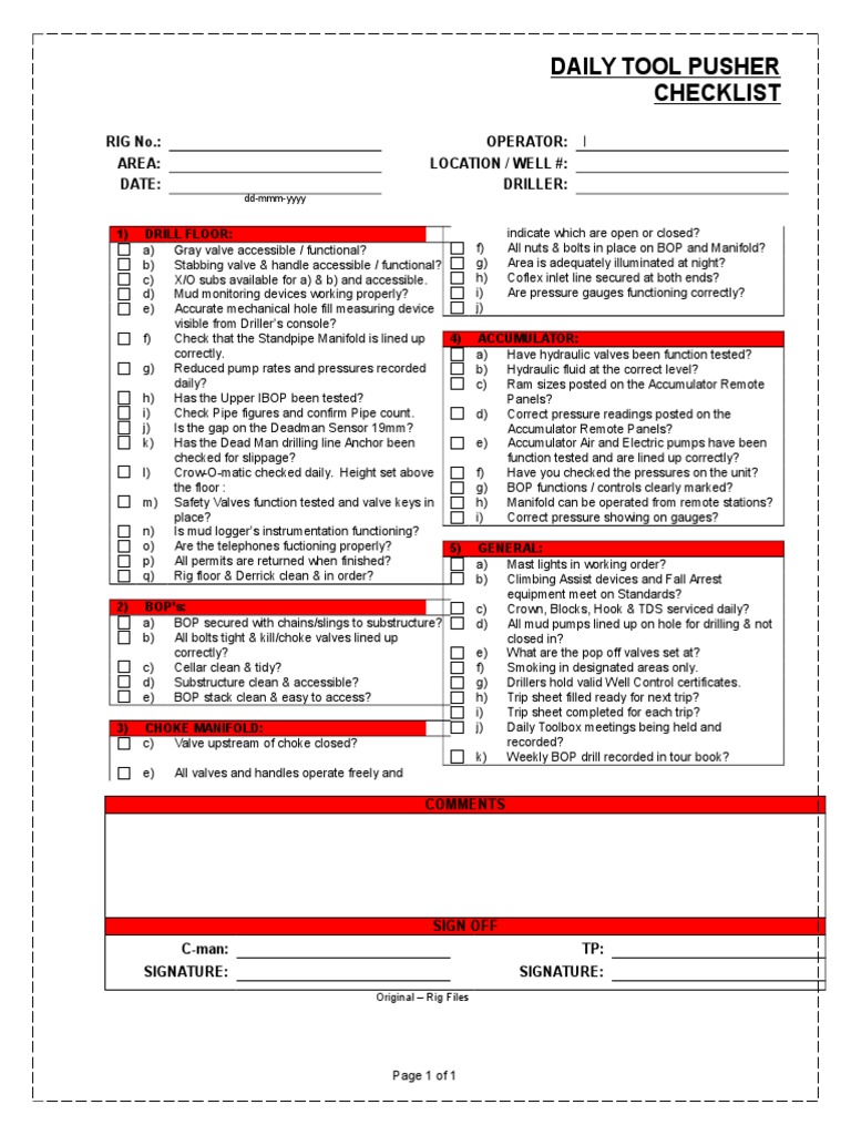 Daily Tool Pusher Checklist | PDF | Hydraulics | Mechanical Engineering