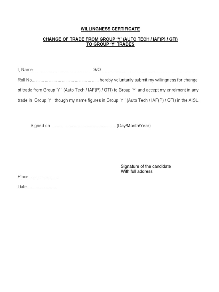 Willingness Certificate | PDF