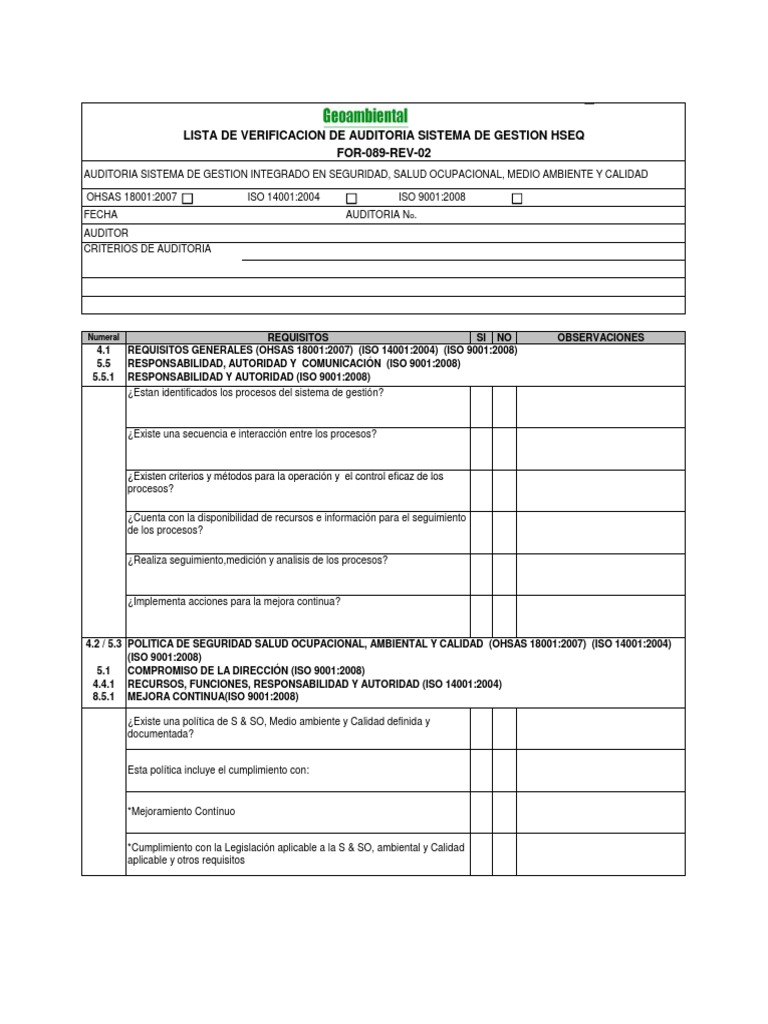 Checklist Hseq PDF | Descargar gratis PDF | Calidad (comercial ...