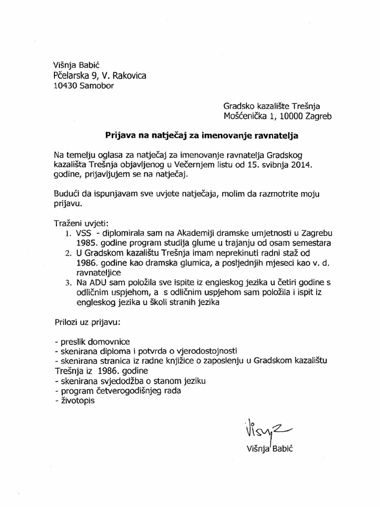 Prijava Na Natječaj Višnja Babić | PDF