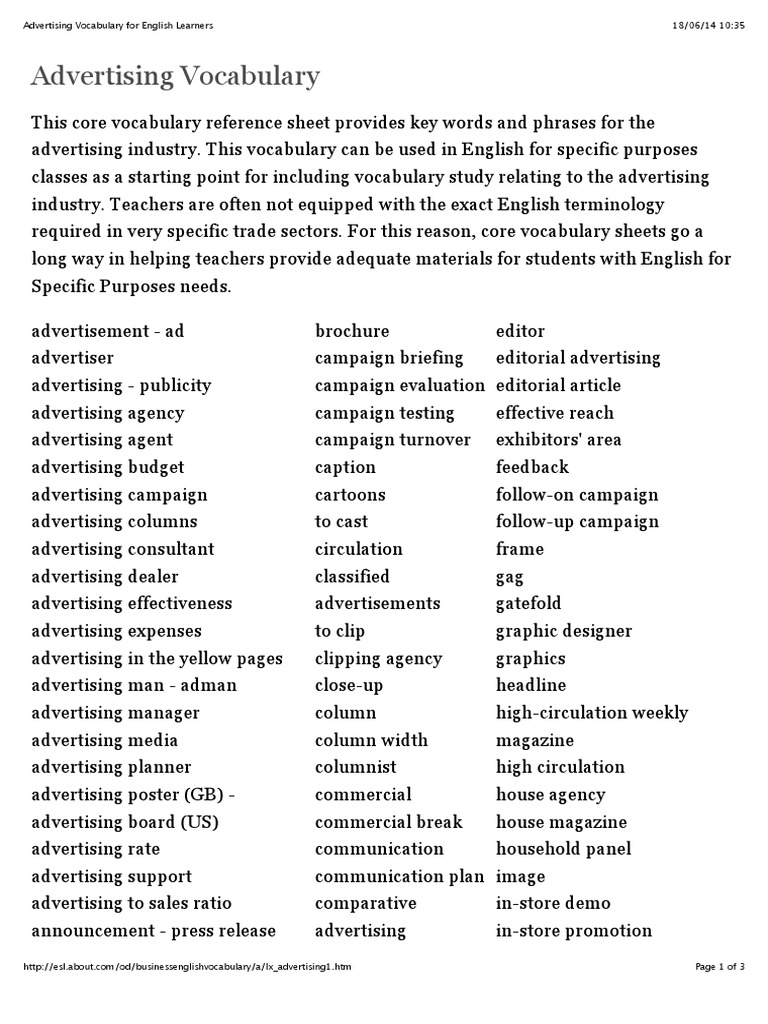 Advertising Vocabulary For English Learners | PDF | Television ...