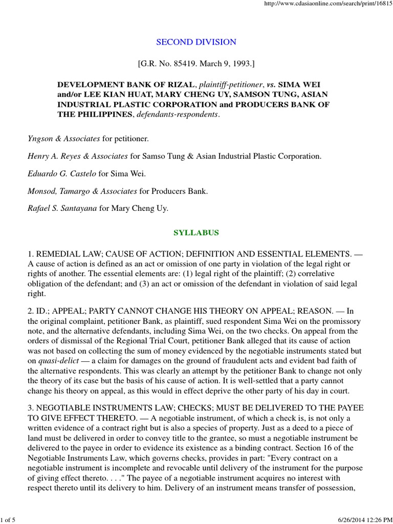 DBP Vs Sima Wei | PDF | Negotiable Instrument | Cheque