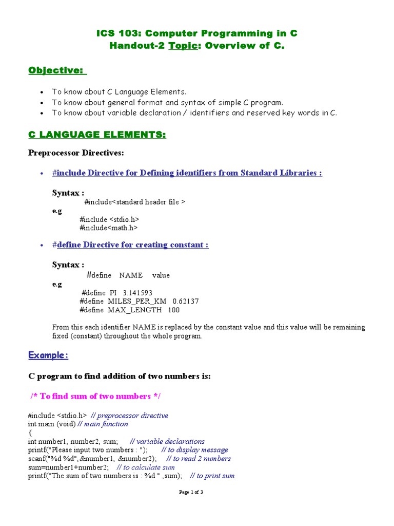 ICS 103: Computer Programming in C Handout-2 Topic: Overview of C. Objective | PDF | C ...