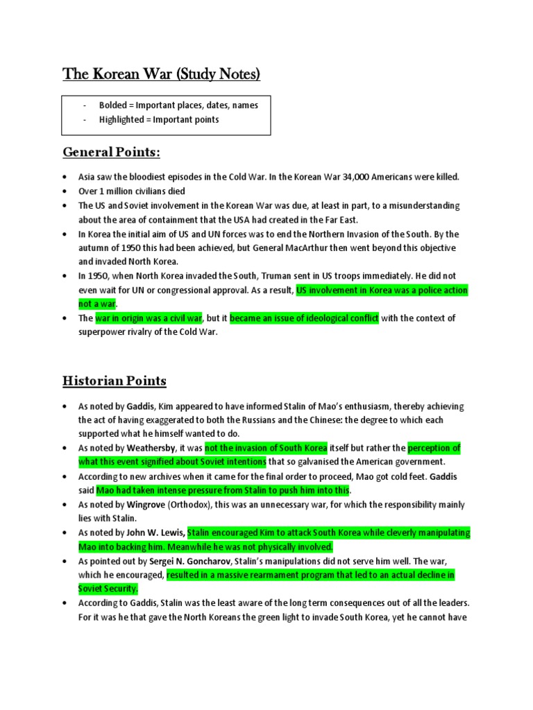 The Korean War (Study Notes) | PDF | Korean War | South Korea