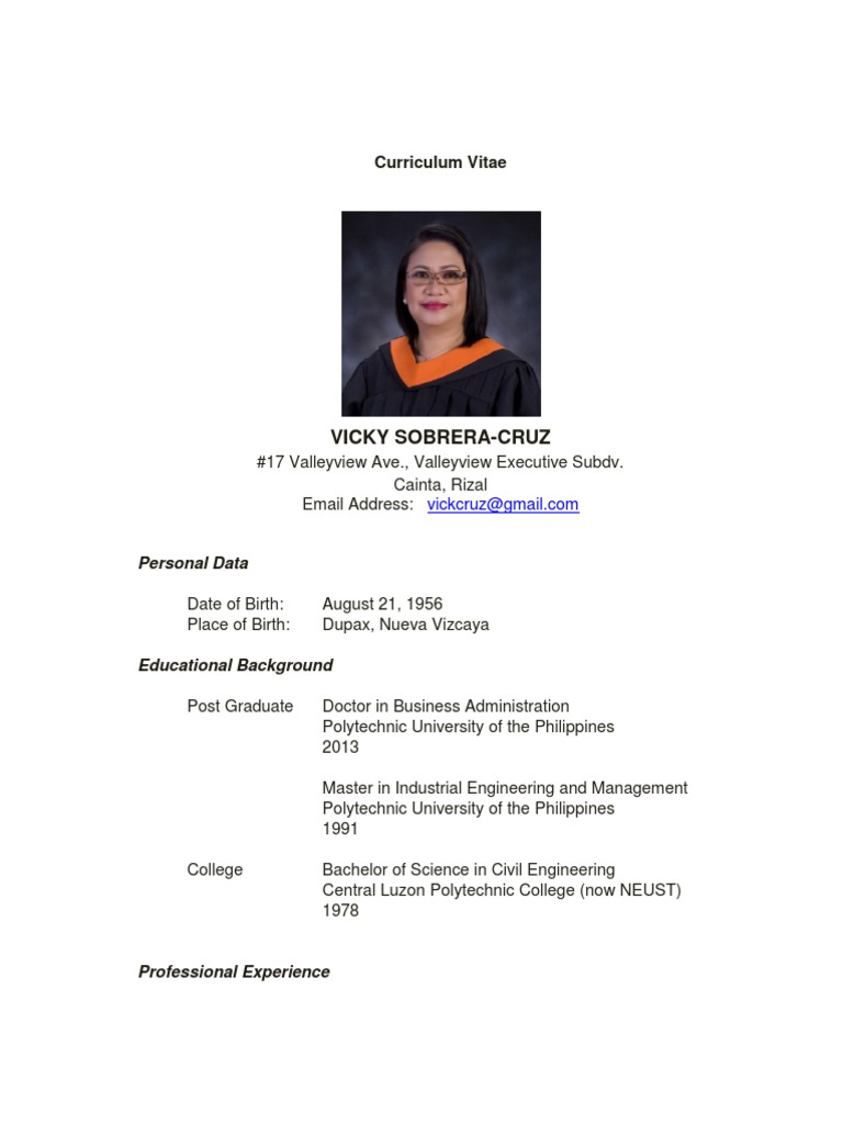 Vicky Sobrera-Cruz's Curriculum Vitae Detailing Her Extensive Educational Background and ...