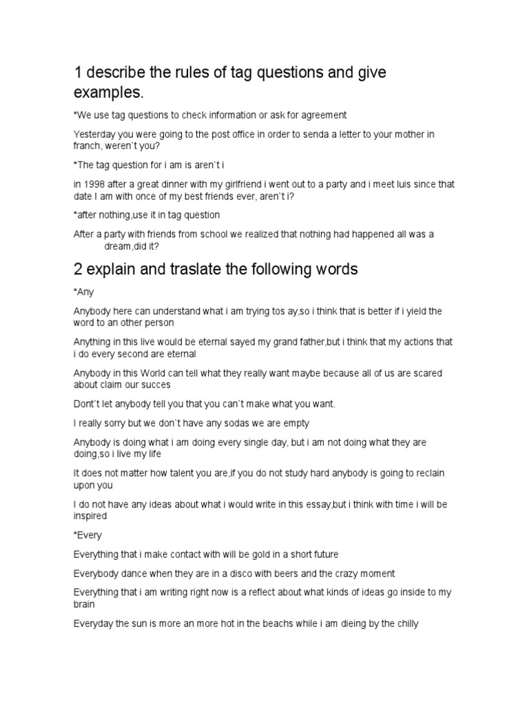 1 Describe The Rules of Tag Questions and Give Examples - Odt | PDF ...