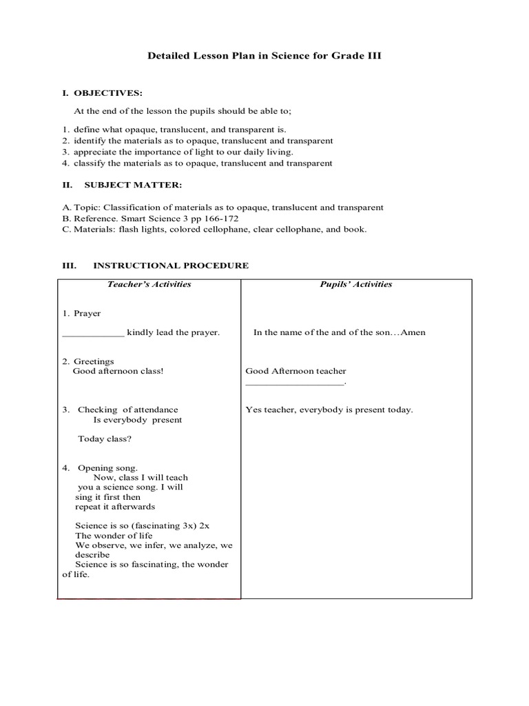 Detailed Science Lesson Plan for Grade 3 | PDF | Shadow | Lesson Plan