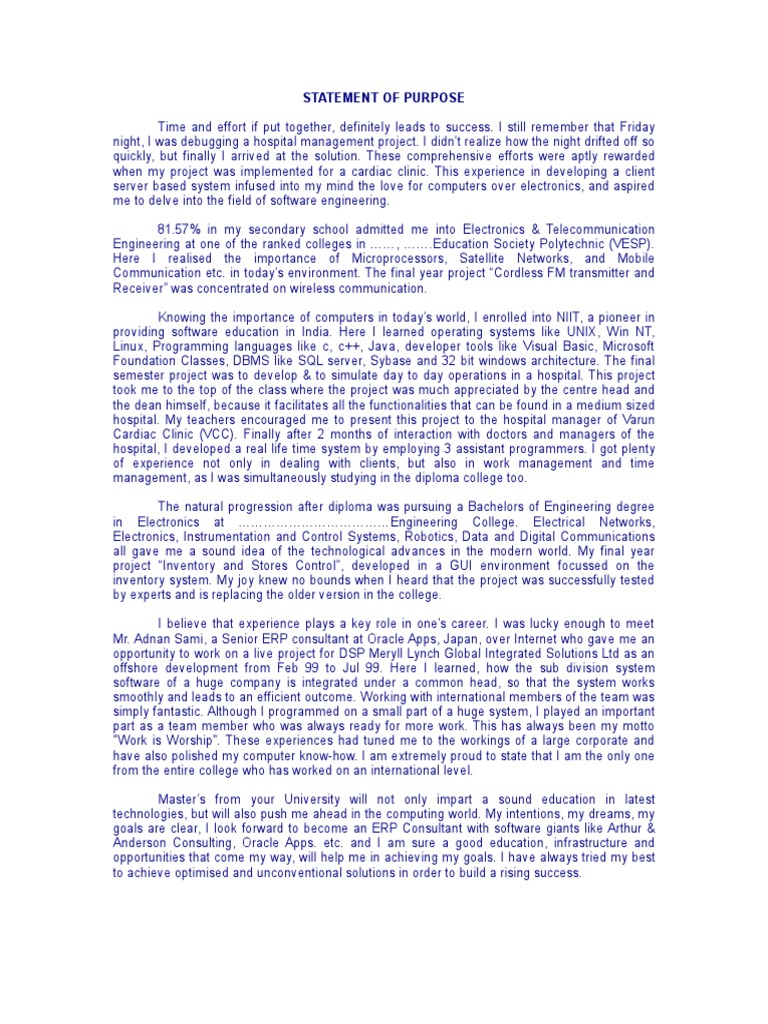 Sample Statement of Purpose Computer Engineering SOP | PDF | Science ...