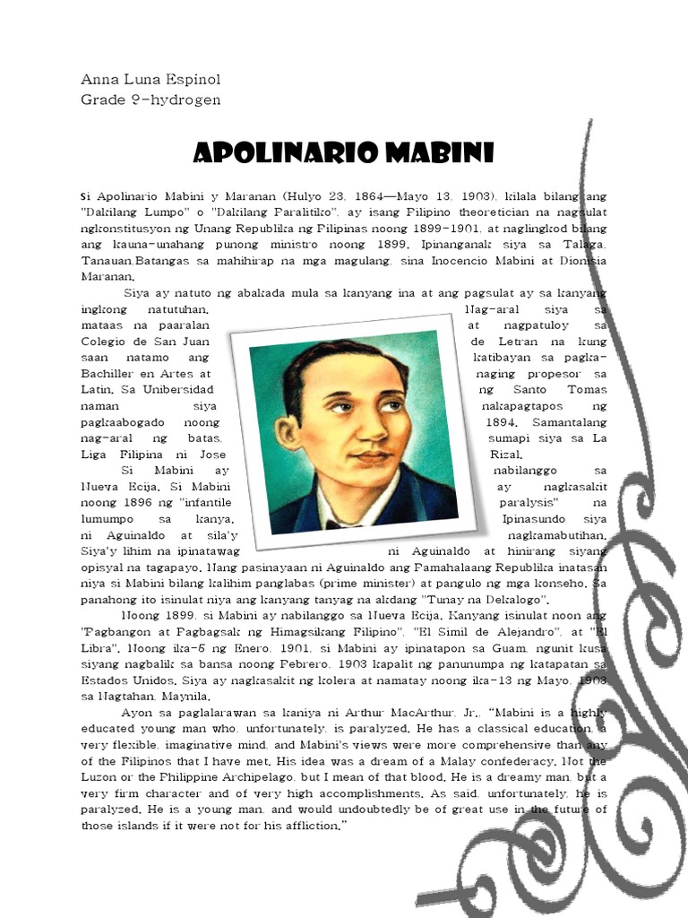 Talambuhay Ni Apolinario Mabini Sino Ang Bayaning Pinoy