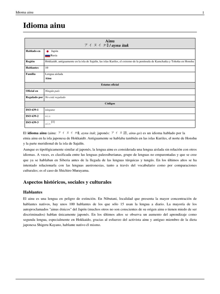 Idioma Ainu | PDF | Idiomas de asia | Familias de idiomas