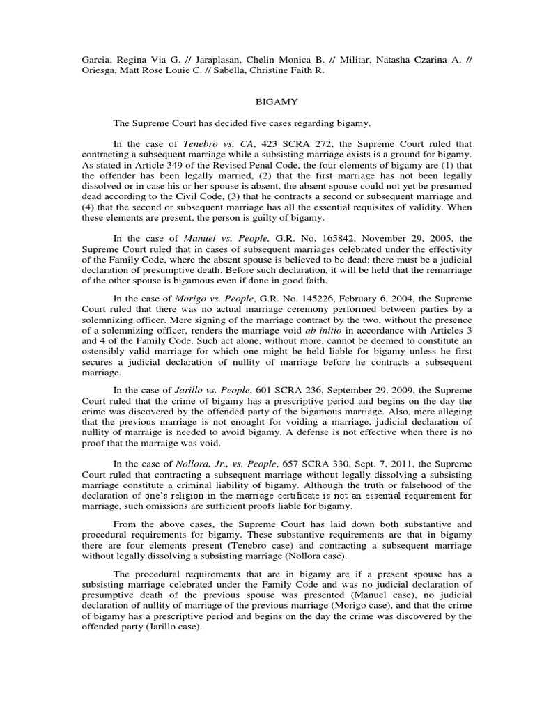 Case Synthesis: BIGAMY | PDF | Annulment | Marriage