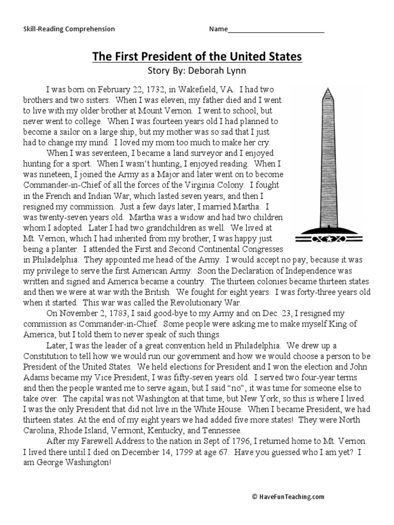 George Washington Fifth Grade Reading Comprehension Worksheet | George ...