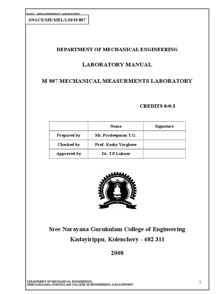 Mechanical Measurements Lab Manual | PDF | Gear | Applied And ...
