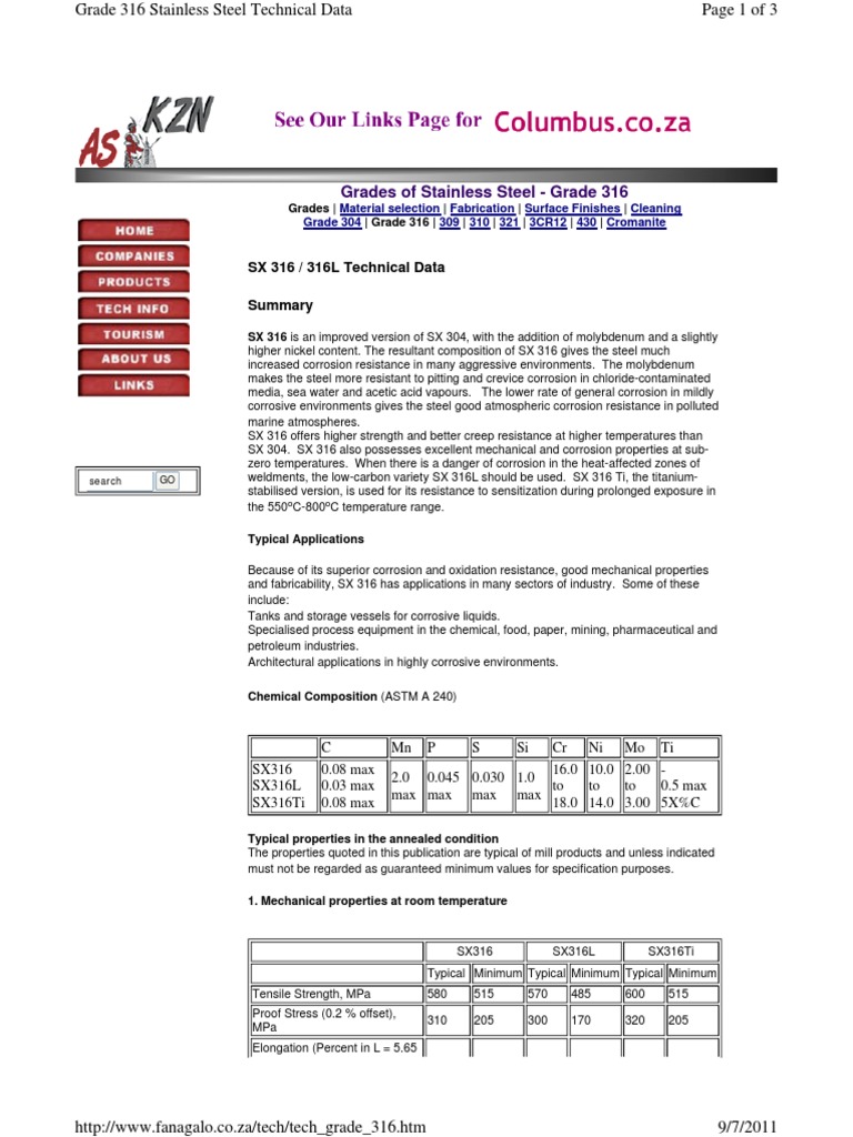 Grades of Stainless Steel - Grade 316: SX 316 / 316L Technical Data ...