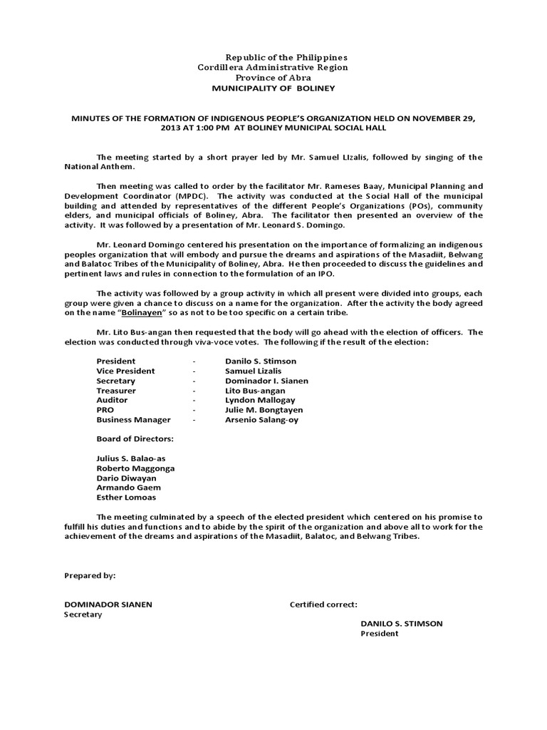 Formation of Indigenous People's Organization in Boliney | PDF | Government