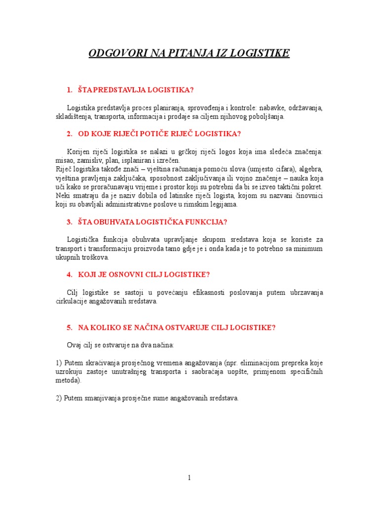 Odgovori Na Pitanja Iz Logistike | PDF