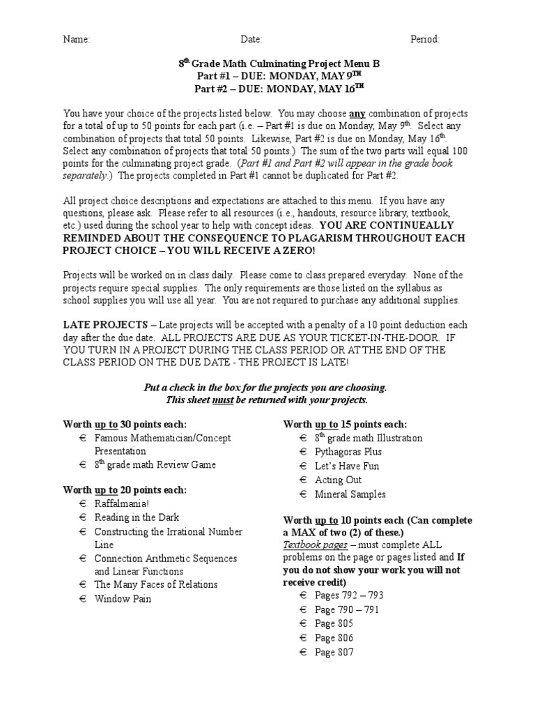 8th Grade Math Project Menu | PDF | Teaching Mathematics