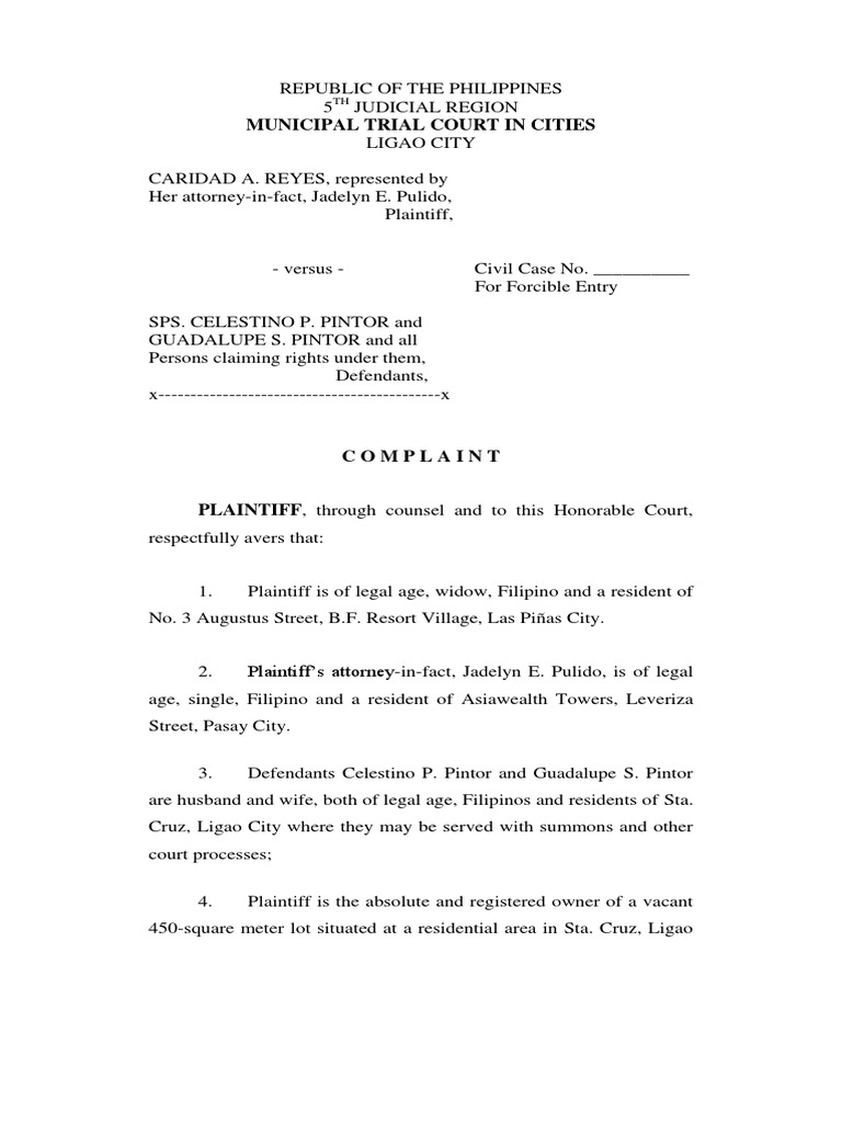 Complaint Ejectment | PDF | Lawsuit | Government Information