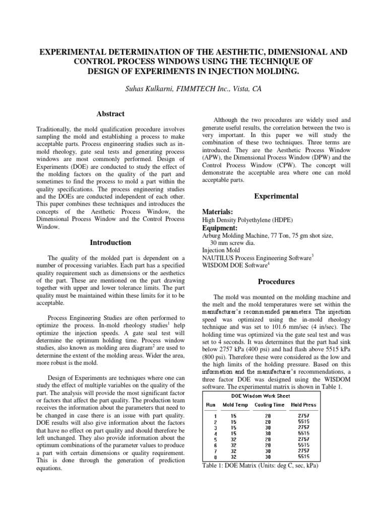 DOE - The Cosmetic and Dimensional Process Window FIMMTECH INC | PDF ...
