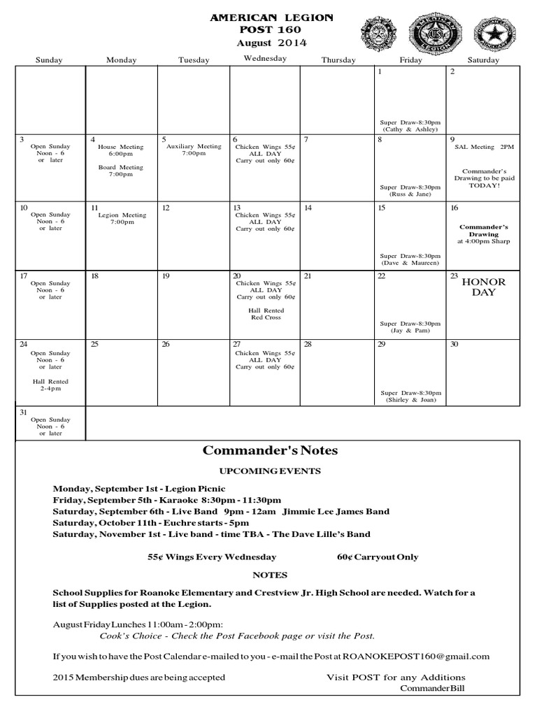Legion Calendar August 2014 | PDF
