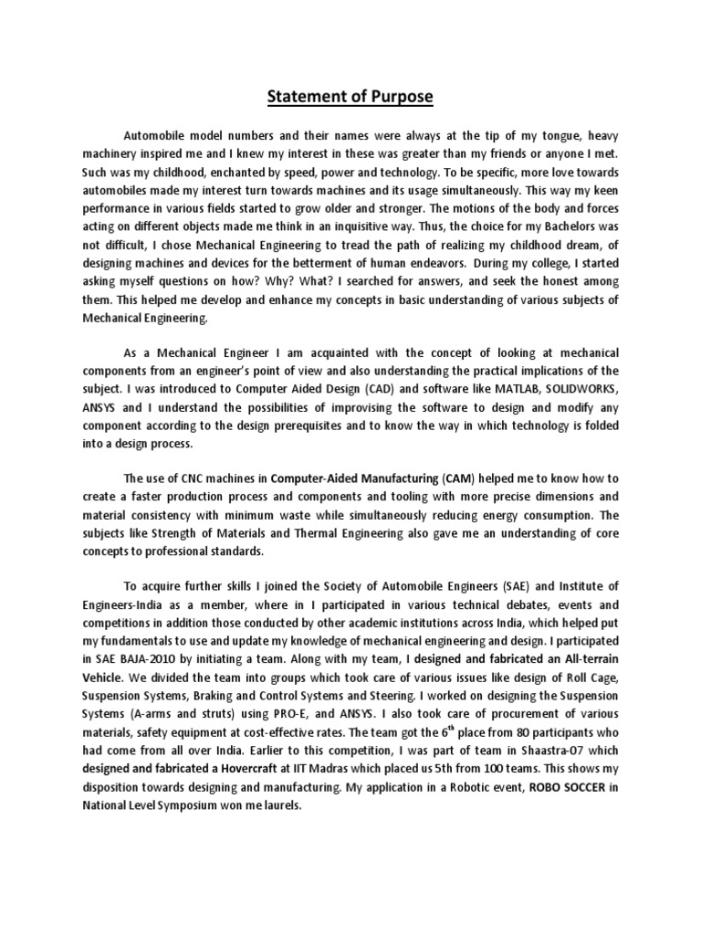Statement of Purpose | PDF | Machines | Mechanical Engineering