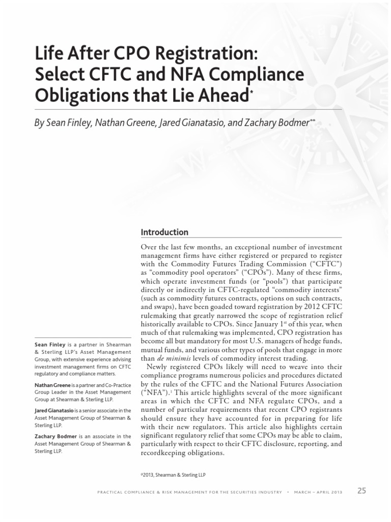 Life After CPO Registration Select CFTC and NFA Compliance Obligations ...