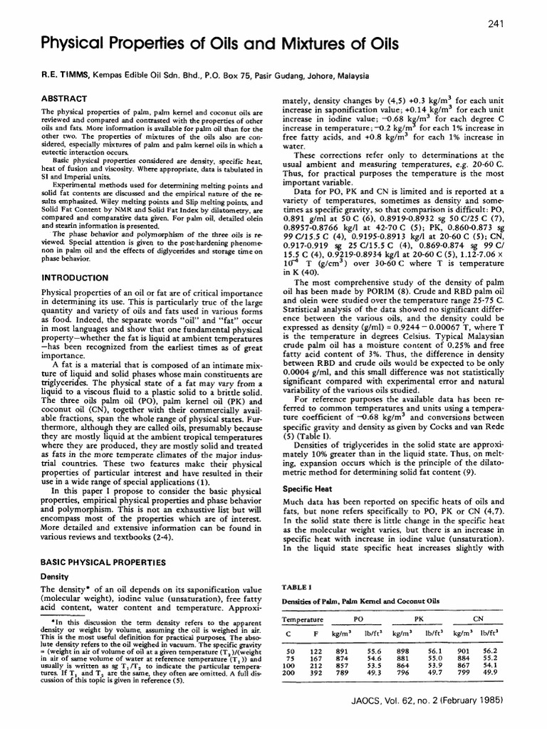 Physical Properties of Palm Oil | PDF | Cooking Oil | Viscosity