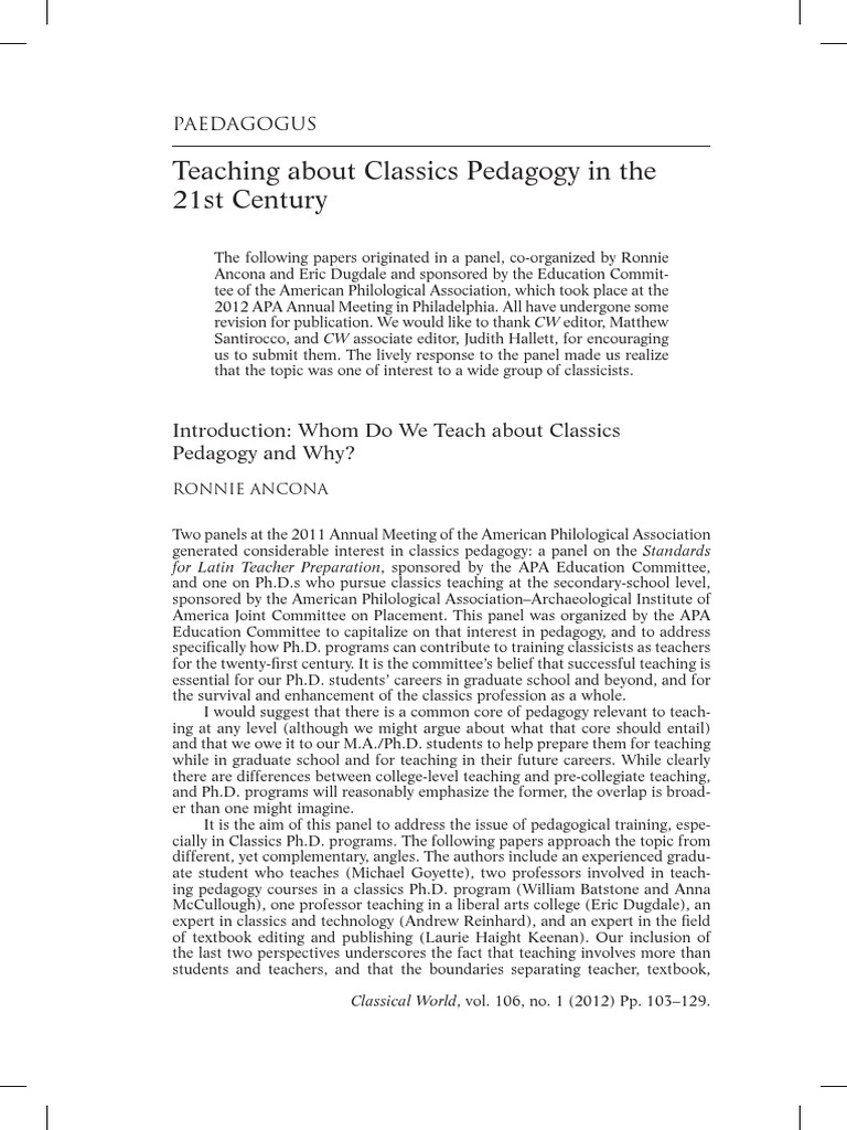 Teaching About Classics Pedagogy in The 21st Century: Paedagogus | PDF ...