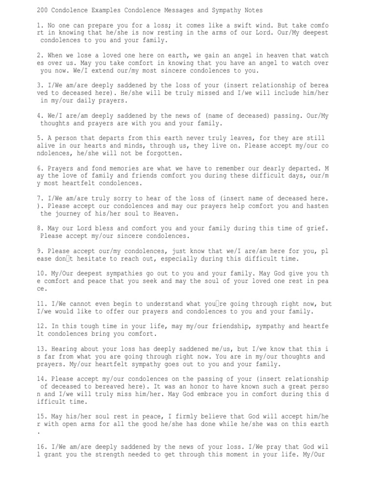 200 Condolence Examples Condolence Messages and Sympathy Notes | PDF ...