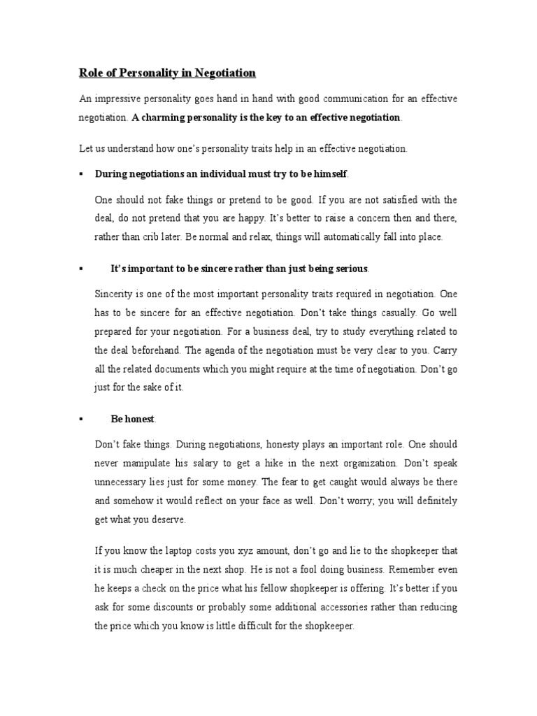 Role of Personality in Negotiation | PDF | Negotiation | Behavior