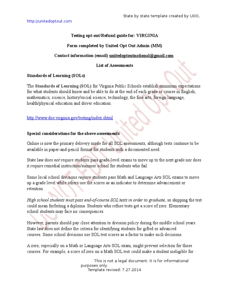 Testing Opt-Out/Refusal Guide For: Virginia Form Completed by United ...