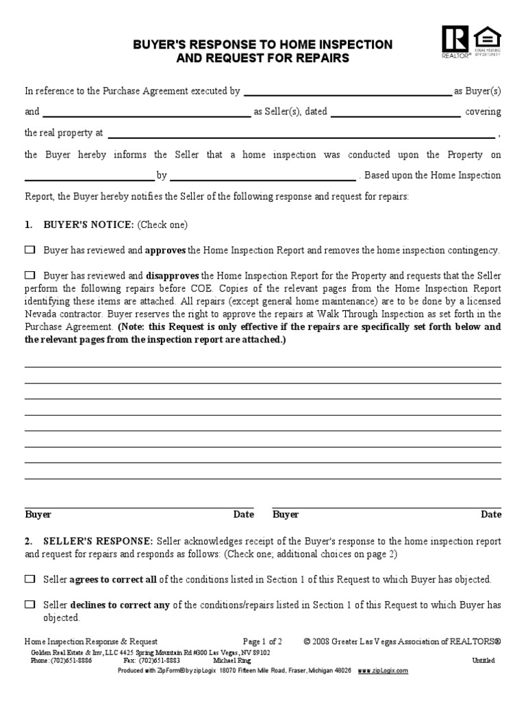 Buyer'S Response To Home Inspection and Request For Repairs | PDF ...