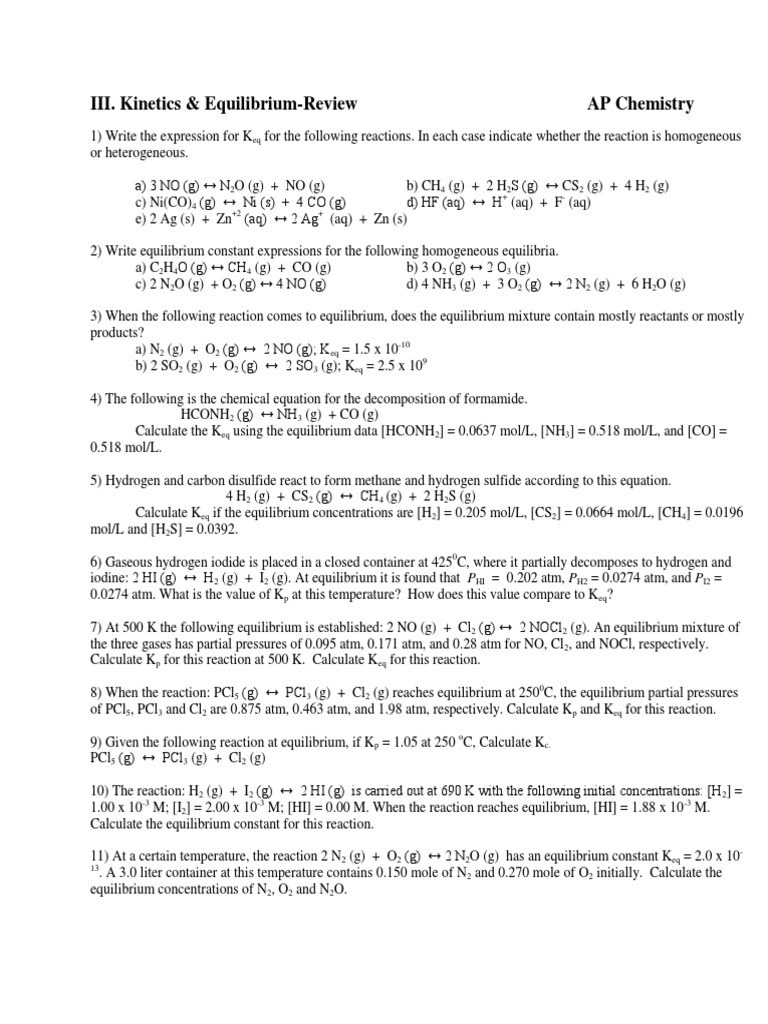 AP Chemistry Kinetics & Equilibrium Review | PDF | Chemical Equilibrium ...