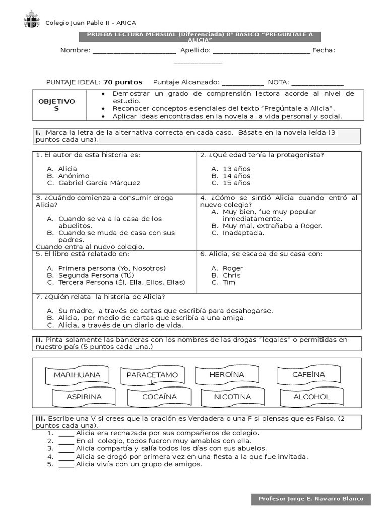 Prueba Preguntale A Alicia Diferenciada | PDF | Ciencias sociales ...