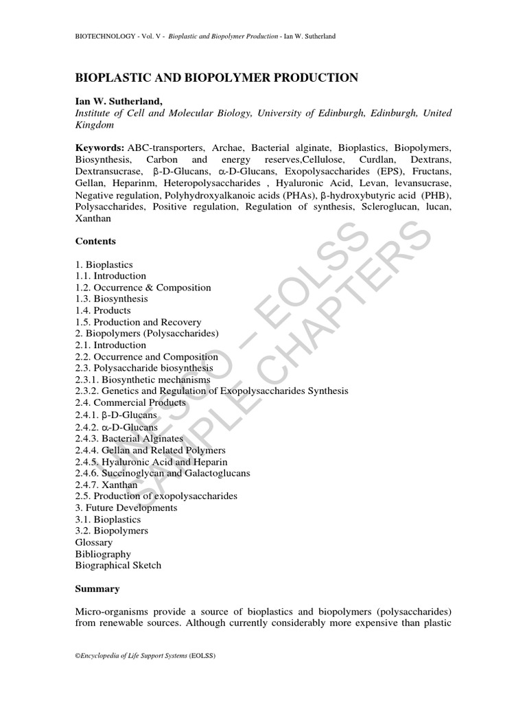 Unesco - Eolss Sample Chapters: Bioplastic and Biopolymer Production | PDF