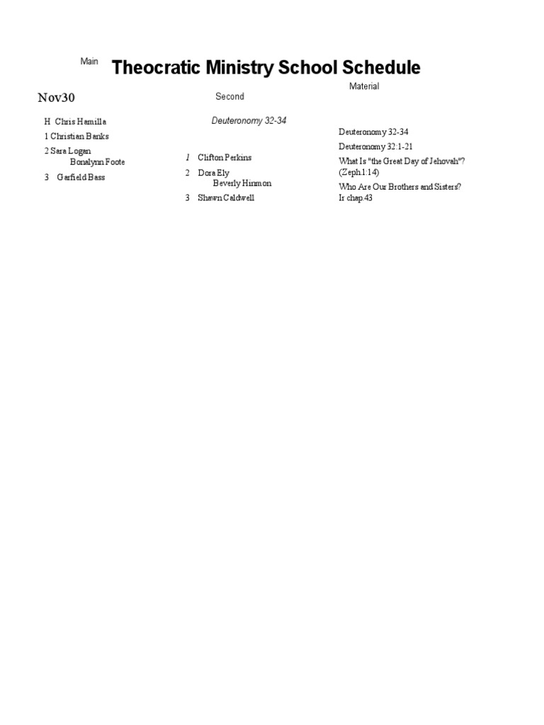 Weekly Theocratic Ministry Schedule | PDF