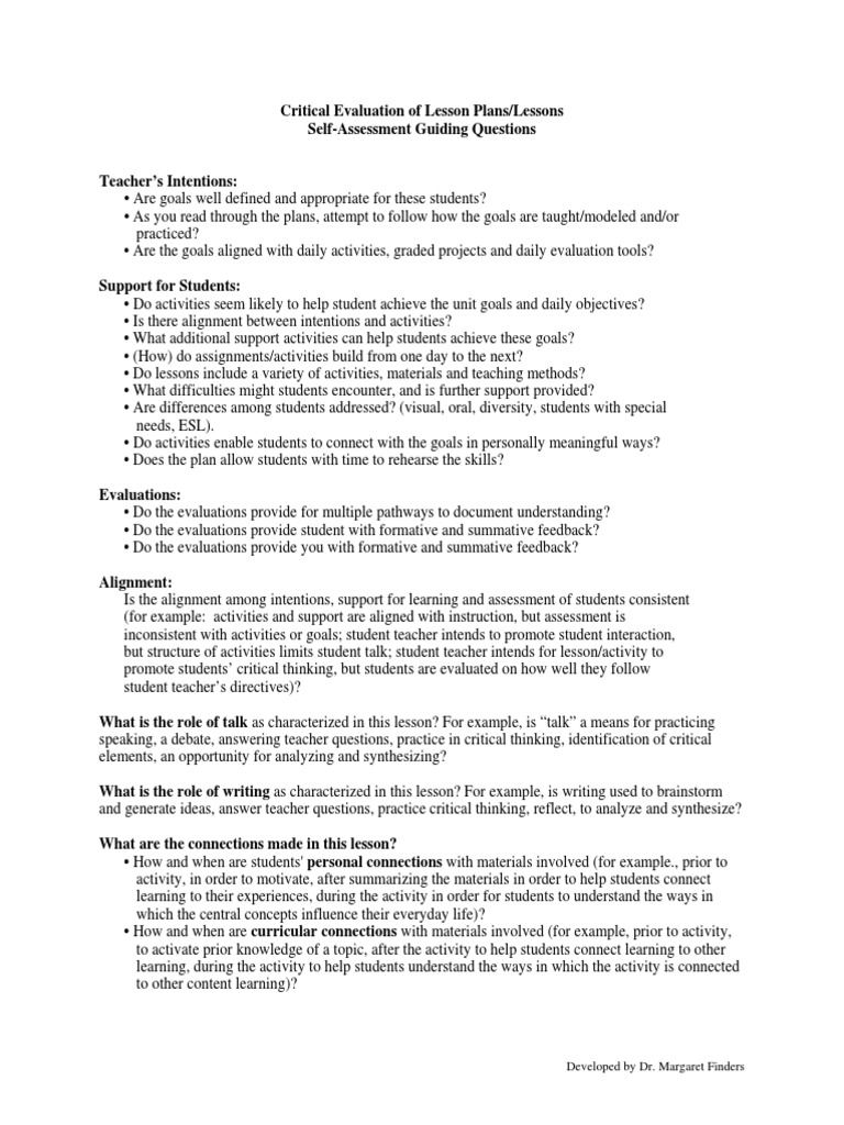 Lesson Plan Self Assessment | Educational Assessment | Lesson Plan