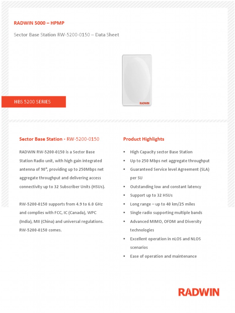 Sector Base Station RW-5200-0150 - Data Sheet: Radwin 5000 - HPMP | Download Free PDF | Antenna ...